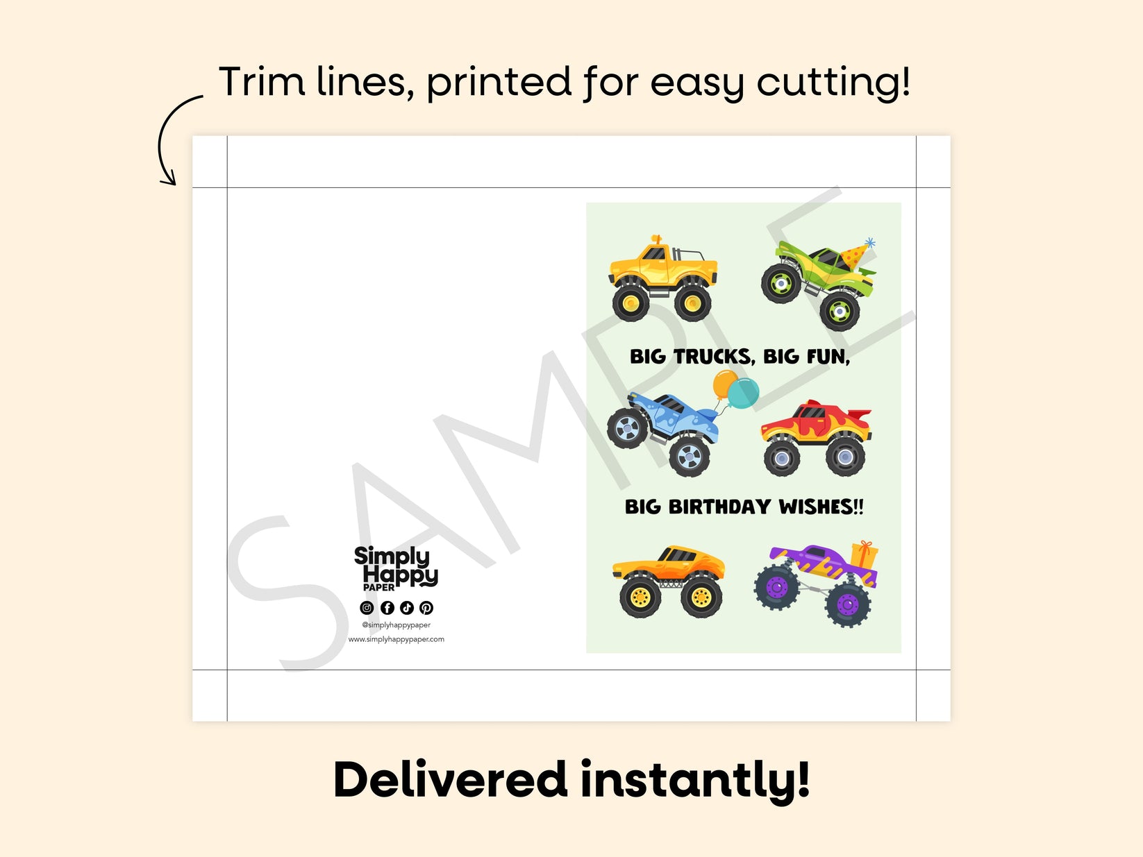 DIGITAL Big Truck Monster Truck Birthday Card – Simply Happy Paper